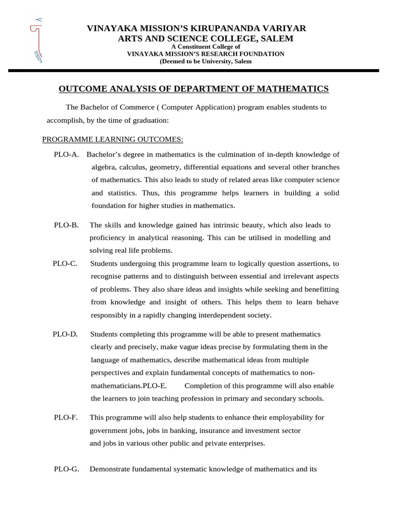 Outcome Analysis VMKVASC 2023-24 | PDF | Mathematics | Mathematical ...