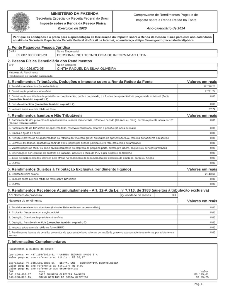 Comprovante de Rendimento DIRF 2025 - CINTIA | PDF