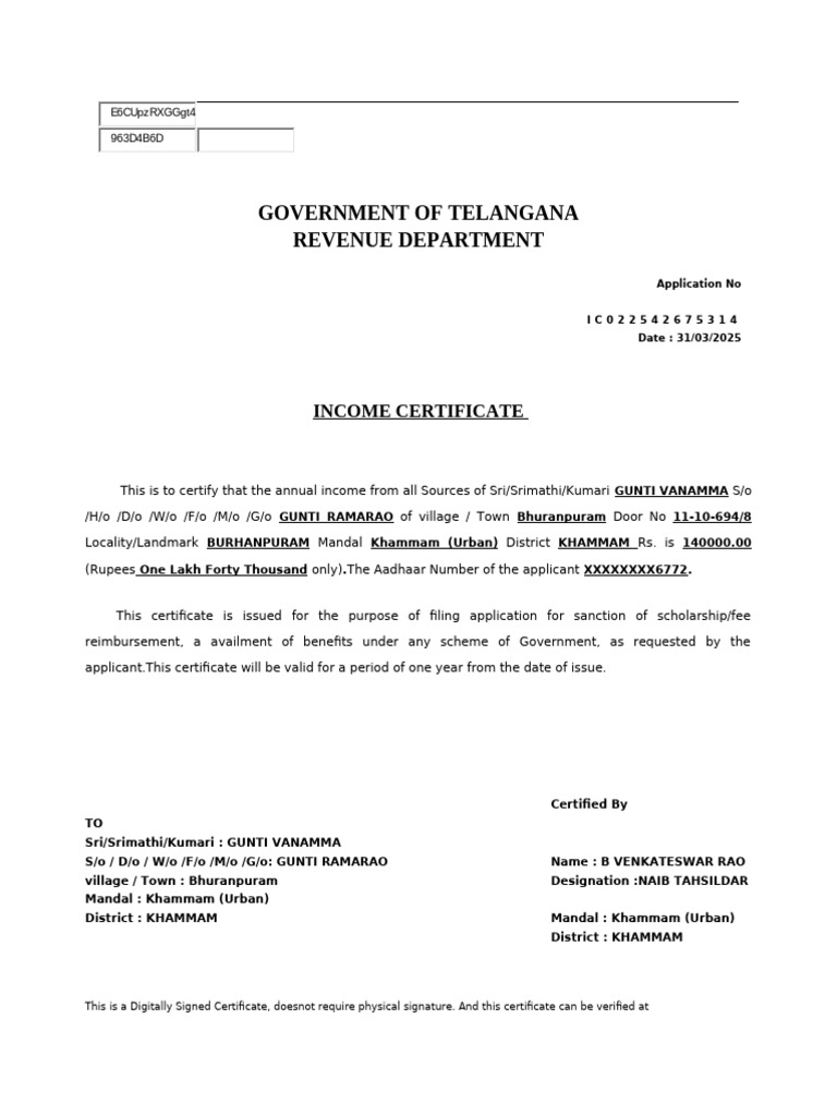 Income Certificate | PDF