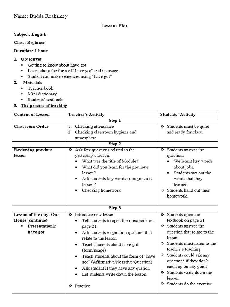Lesson Plan for Beginner Class | PDF | Lesson Plan | Question