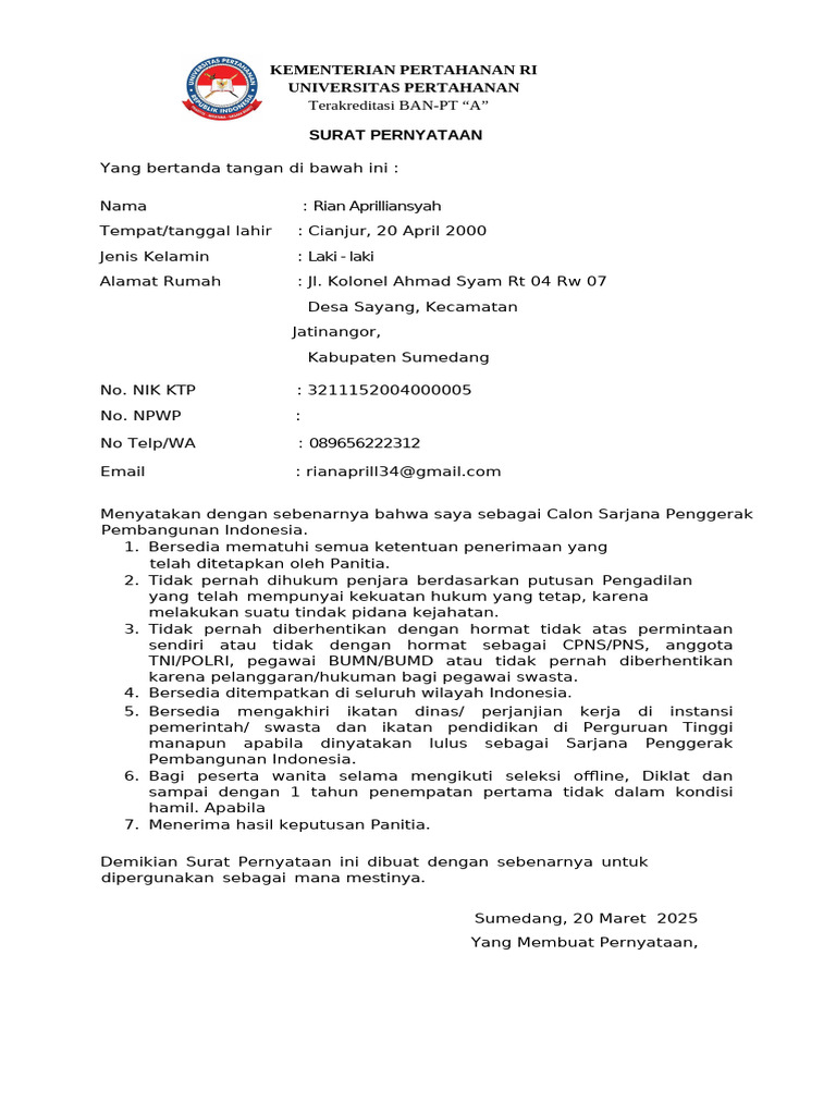 Surat Pernyataan & Surat Lamaran - Rian - New | PDF