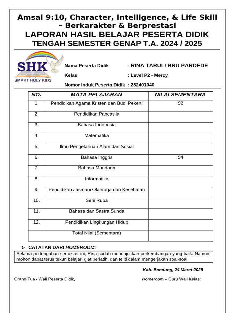 Laporan Hasil Belajar Rina Taruli | PDF