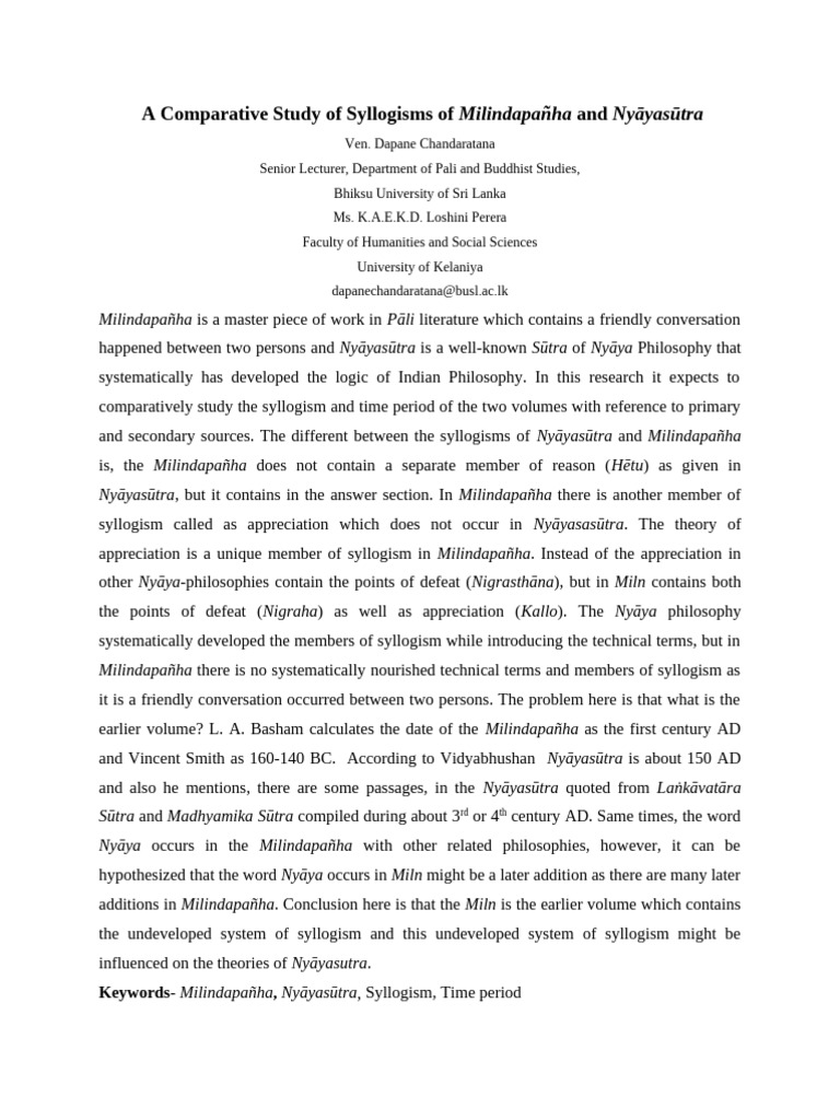 A Comparative Study of Syllogisms of Milindapañha and Nyāyasūtra | PDF ...