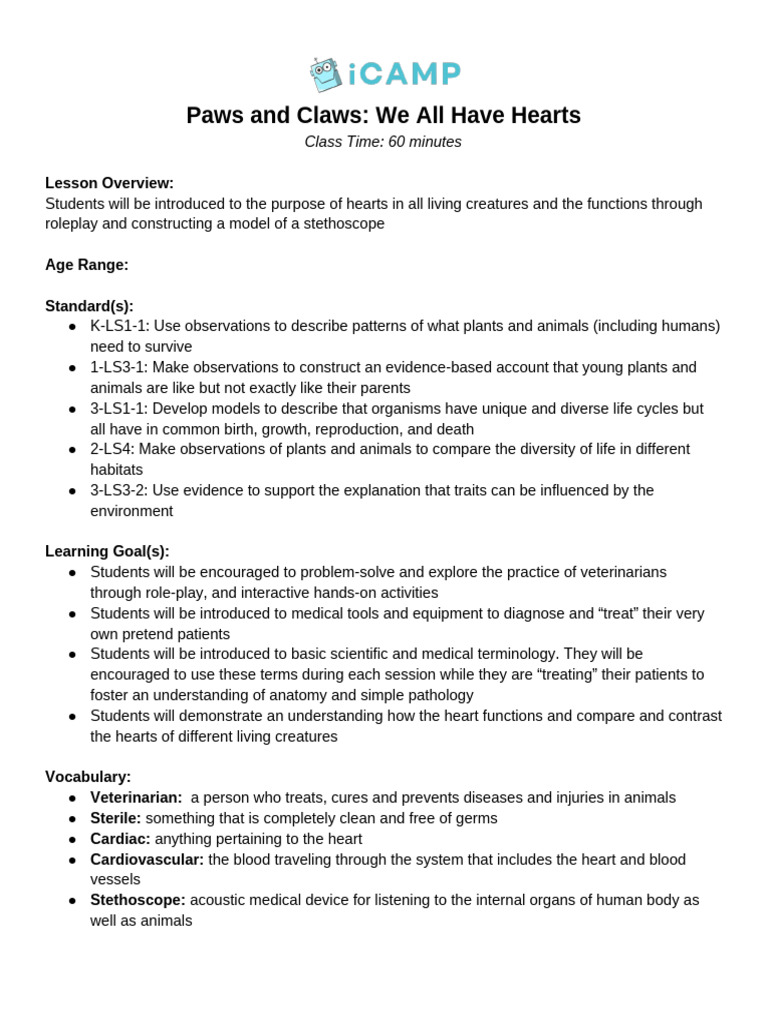 Paws and Claws Lesson Plan: We All Have Hearts | PDF | Heart | Pulse