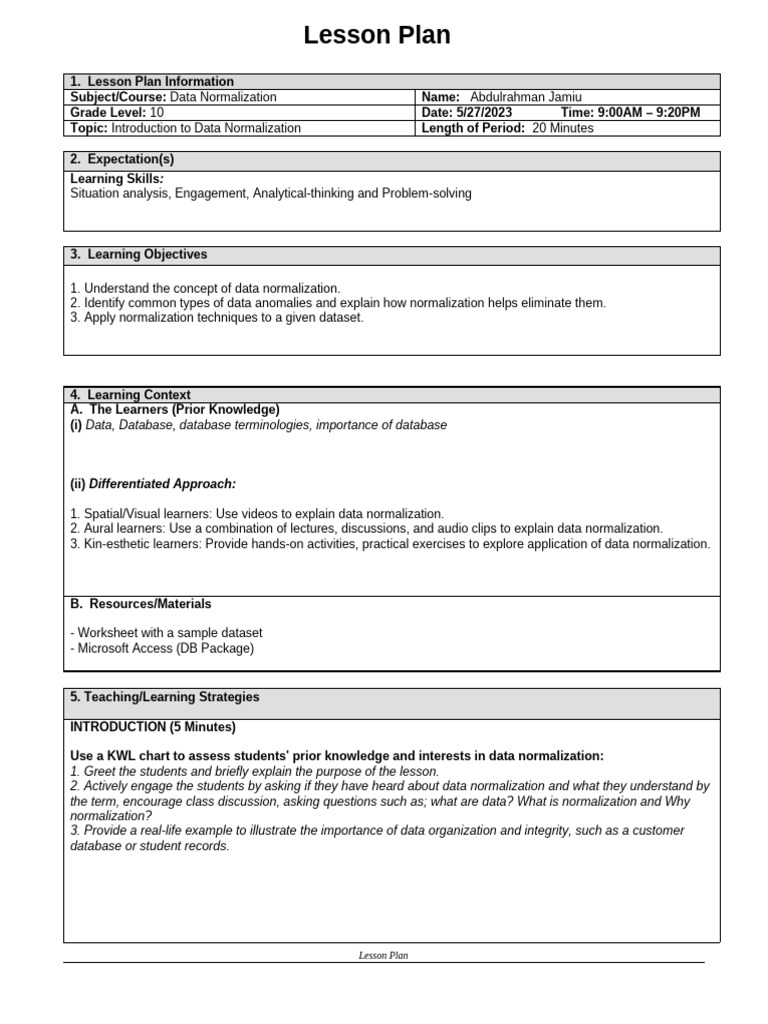 Data Normalization Lesson Plan | PDF | Learning | Data