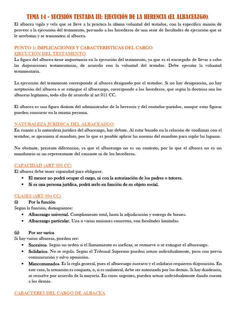 Tema 14 - Sucesión Testada Iii. Ejecuion Del Testamento (El Albaceazgo ...