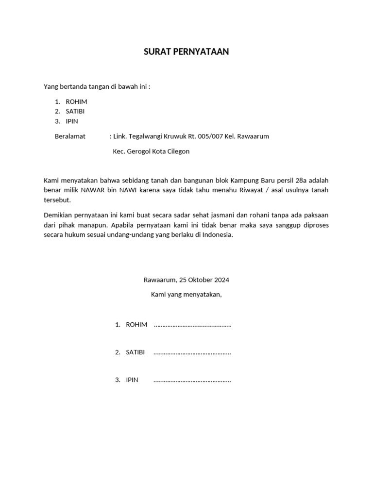 SURAT PERNYATAAN Tanah Milik Persil 28a | PDF