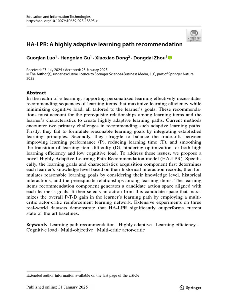HA-LPR A Highly Adaptive Learning Path Recommendation | PDF | Learning | Learning Styles