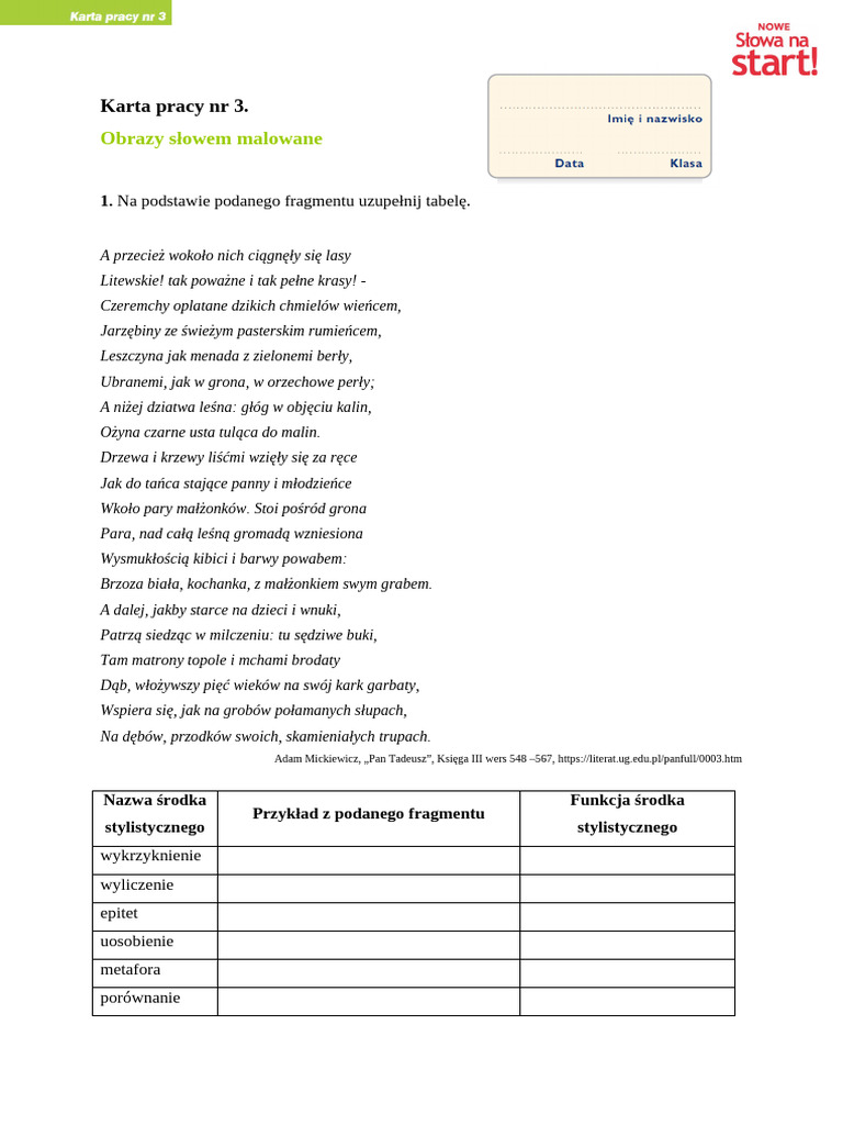 Pan Tadeusz Karta Pracy 3 | PDF