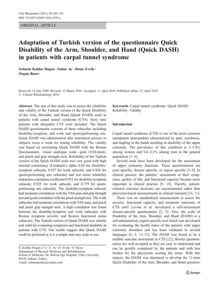 Quick Disability of the Arm Shoulder and Hand Quick Dash Questionnare ...