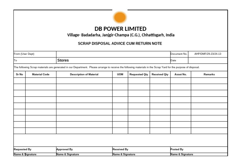 Scrap Disposal Advice Note Format | PDF