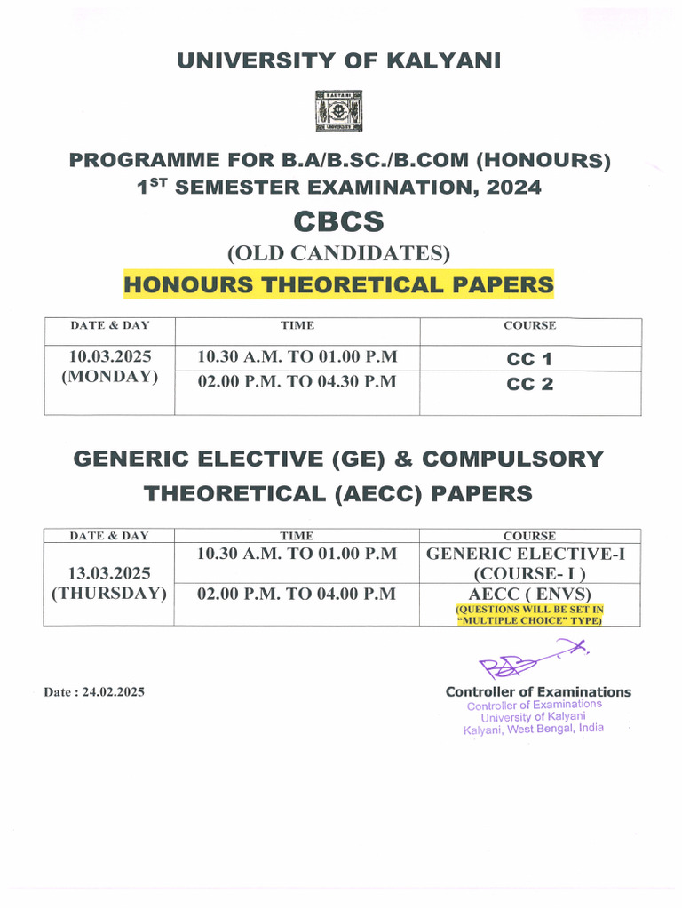 891648au.g. 1ST Semester Examination Schedule.2024 (CBCS) | PDF