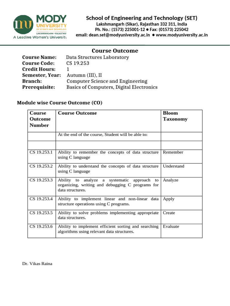 Data Structures Lab Course Outcomes | PDF
