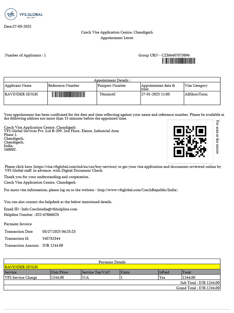 czech republic appointment sahil 27-03-2025 | PDF | Travel Visa | Visa Inc.