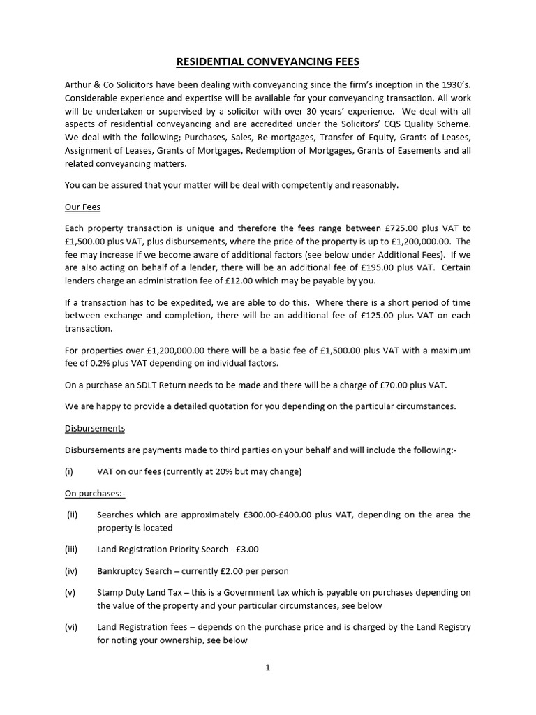 CONVEYANCING FEES Arthur & Co Solicitors | PDF | Conveyancing | Mortgages