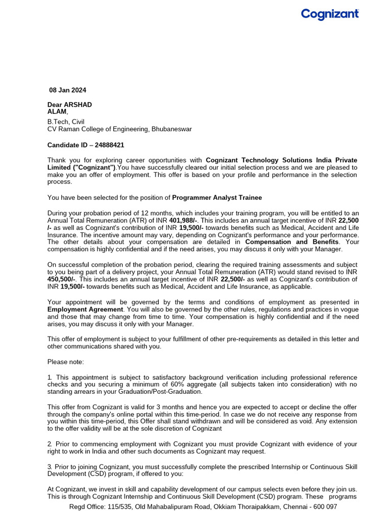 ARSHAD ALAM 1901227744 Cognizant | PDF | Indemnity | Business