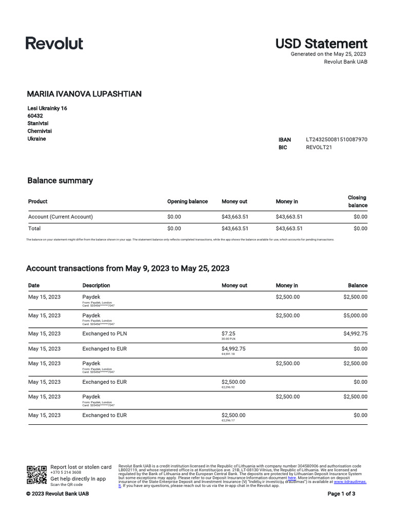Revolut USD Account Statement Summary | PDF | Banks | Banking