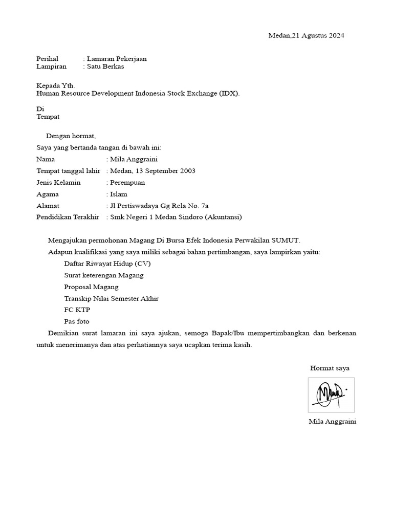 Surat Lamaran Magang Mila | PDF