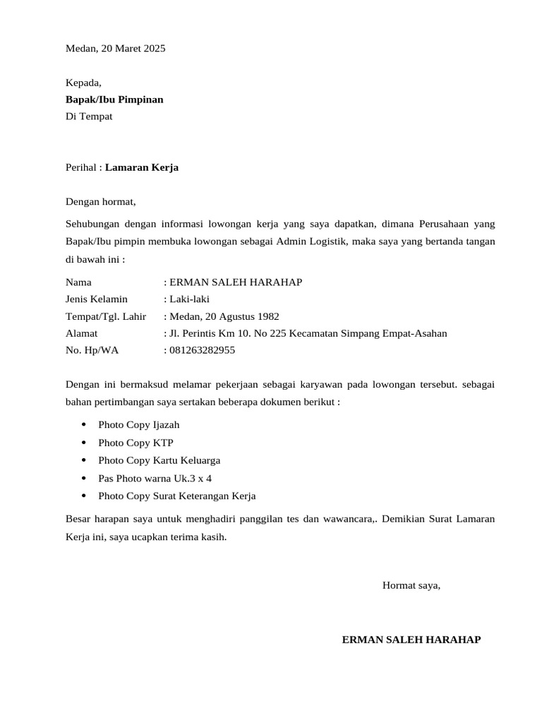Surat Lamaran Kerja Erman | PDF