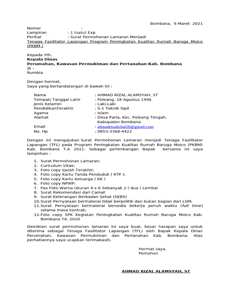 TFL SURAT LAMARAN Okok | PDF