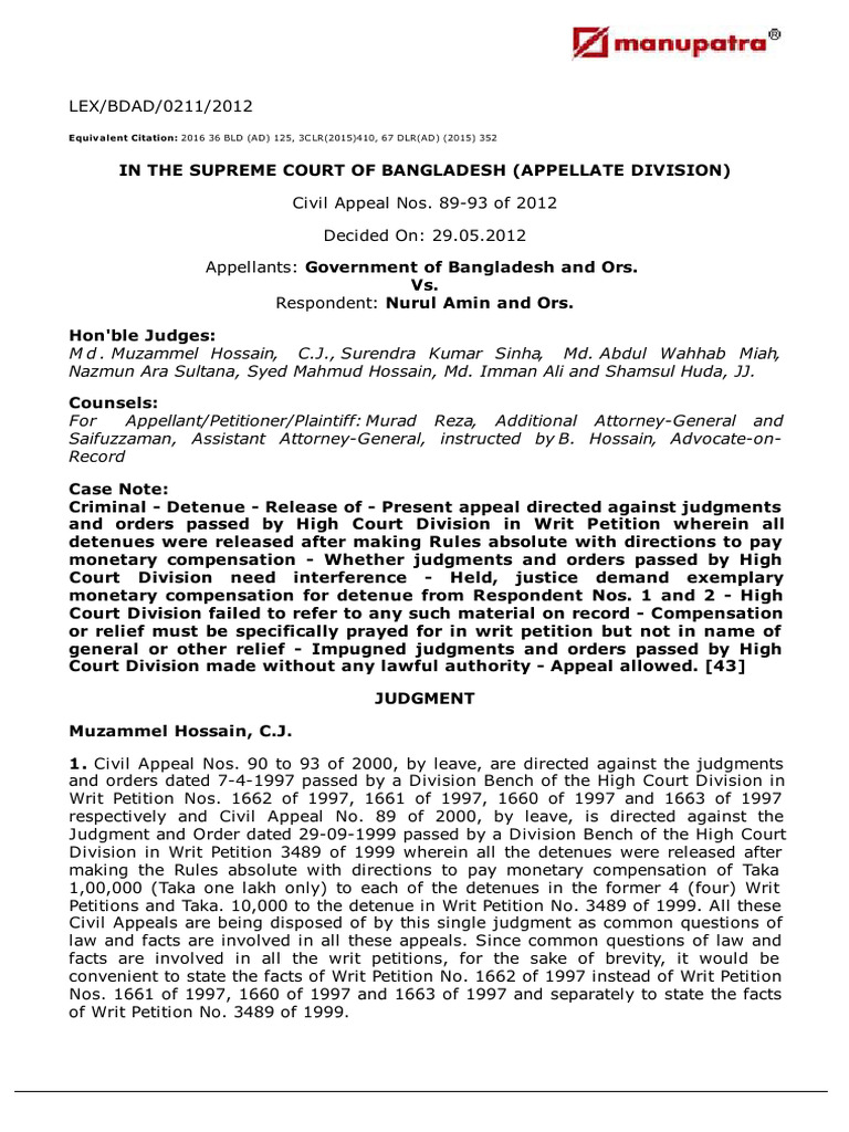 05. Bilkis Akhter Hossain Case AD_Government_of_Bangladesh_and_Ors__vs__Nurul_Amin_and_Ors | PDF ...