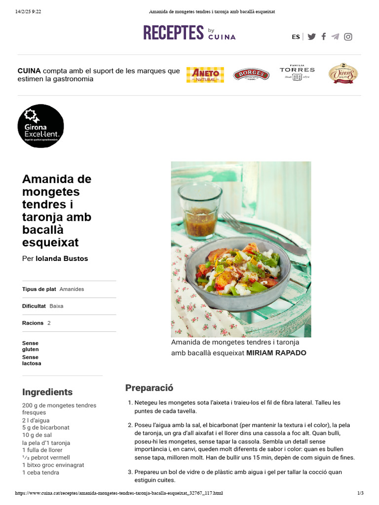Amanida de Mongetes Tendres I Taronja Amb Bacallà Esqueixat | PDF