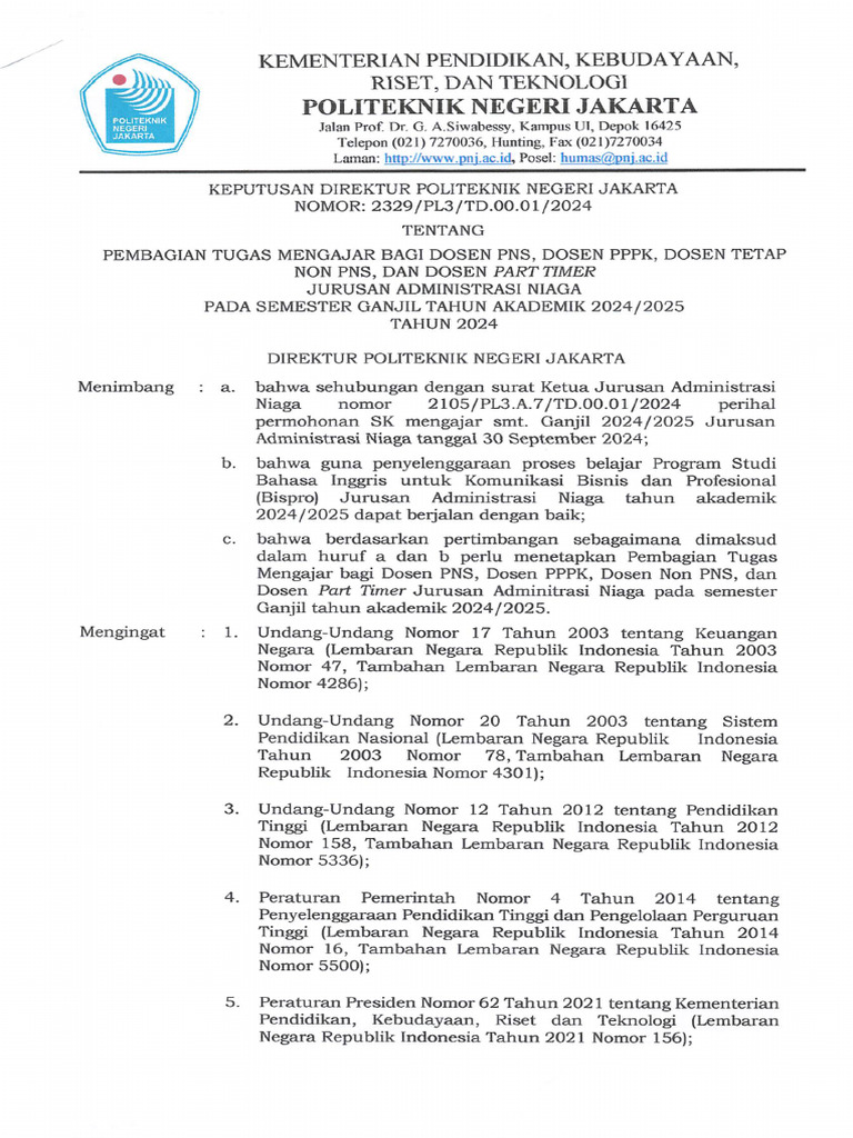 2329 PL3 TD.00.01 2024 SK Pembagian Tugas Mengajar Jurusan An Ganjil TA 2024 2025 (Revisi Bispro ...