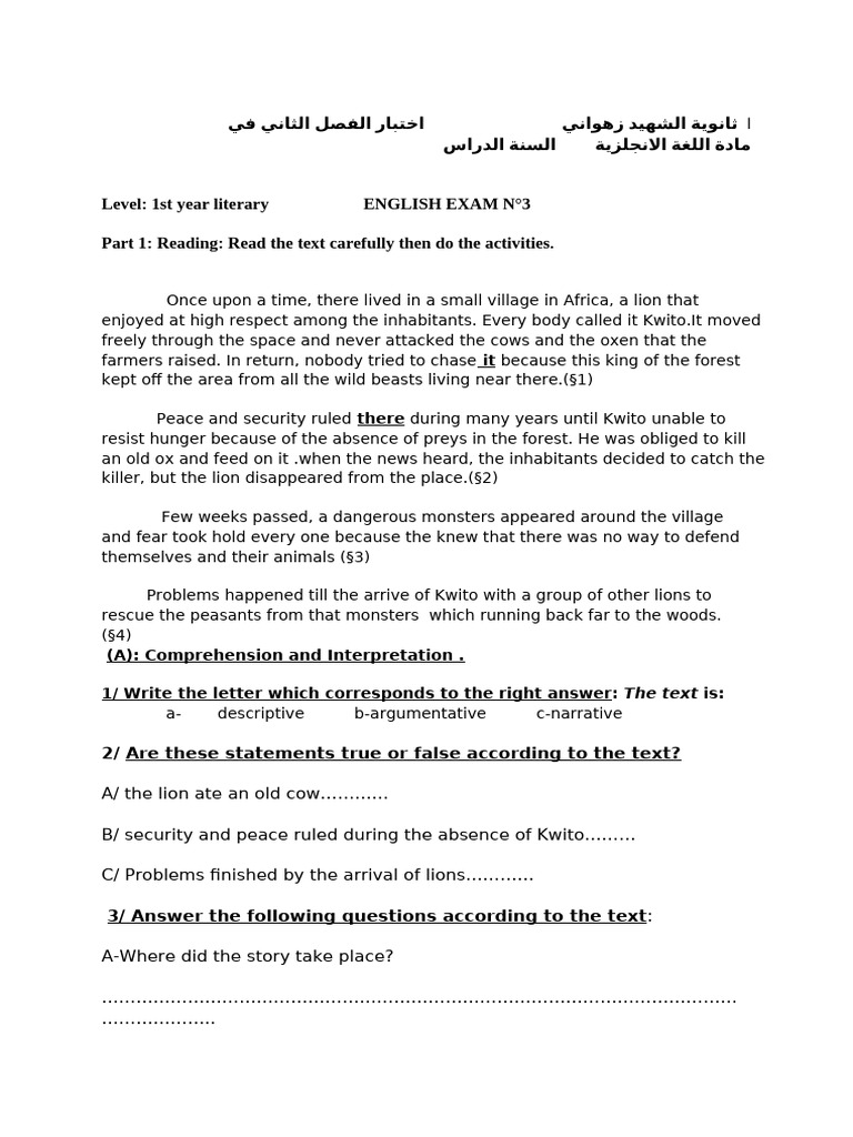 Level: 1st Year Literary ENGLISH EXAM N°3 Part 1: Reading: Read The ...