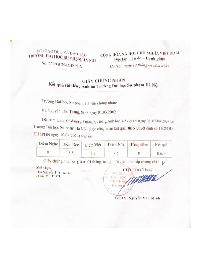 Vstep Nguyễn Thu Trang | PDF