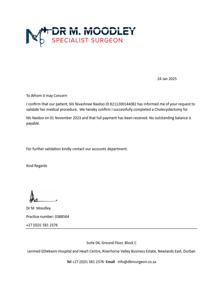 Letter To Confirm Surgery For Ms N Naidoo | PDF
