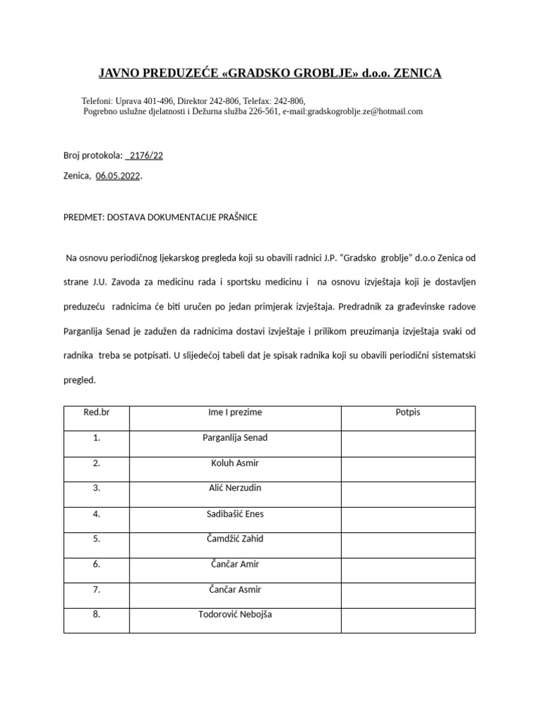 Dostava Dokumentacije Prašnice | PDF