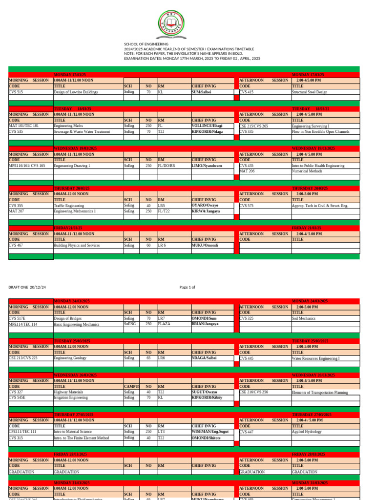 2024/2025 Engineering Exam Timetable | PDF | Civil Engineering | Earth Sciences