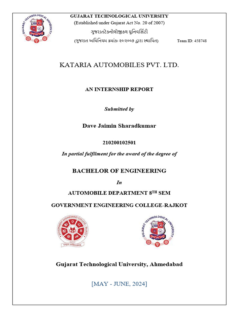 Dave Internship Report 8th Sem | PDF | Car Body Styles | Land Vehicles