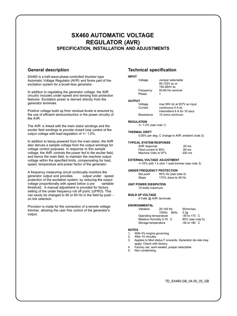 SX460 Automatic Voltage Regulator | PDF | Amplifier | Electric Generator