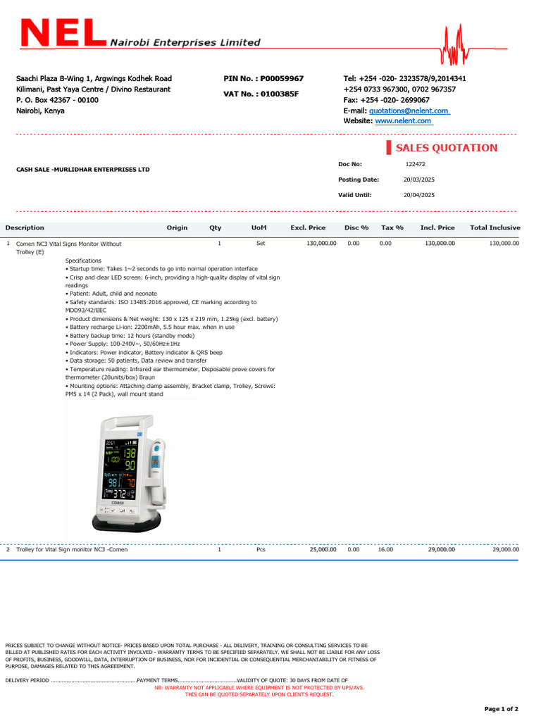 Sales Quotation for Vital Signs Monitor | PDF