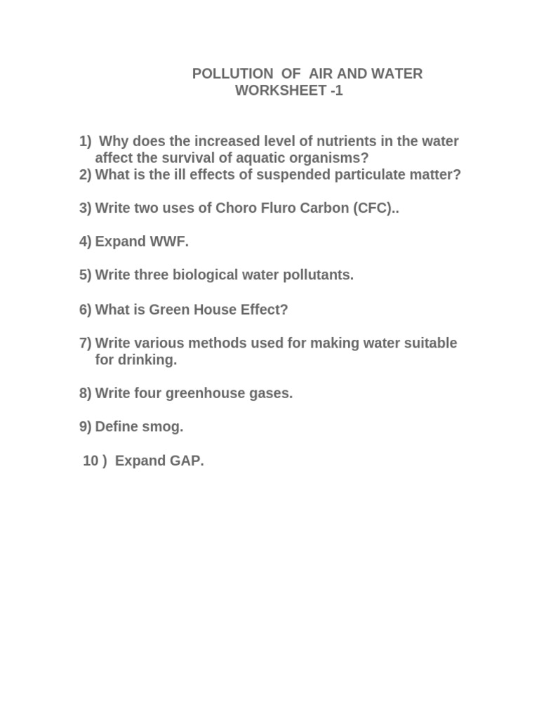 Pollution of Air and Water-Worksheet - 1 | PDF