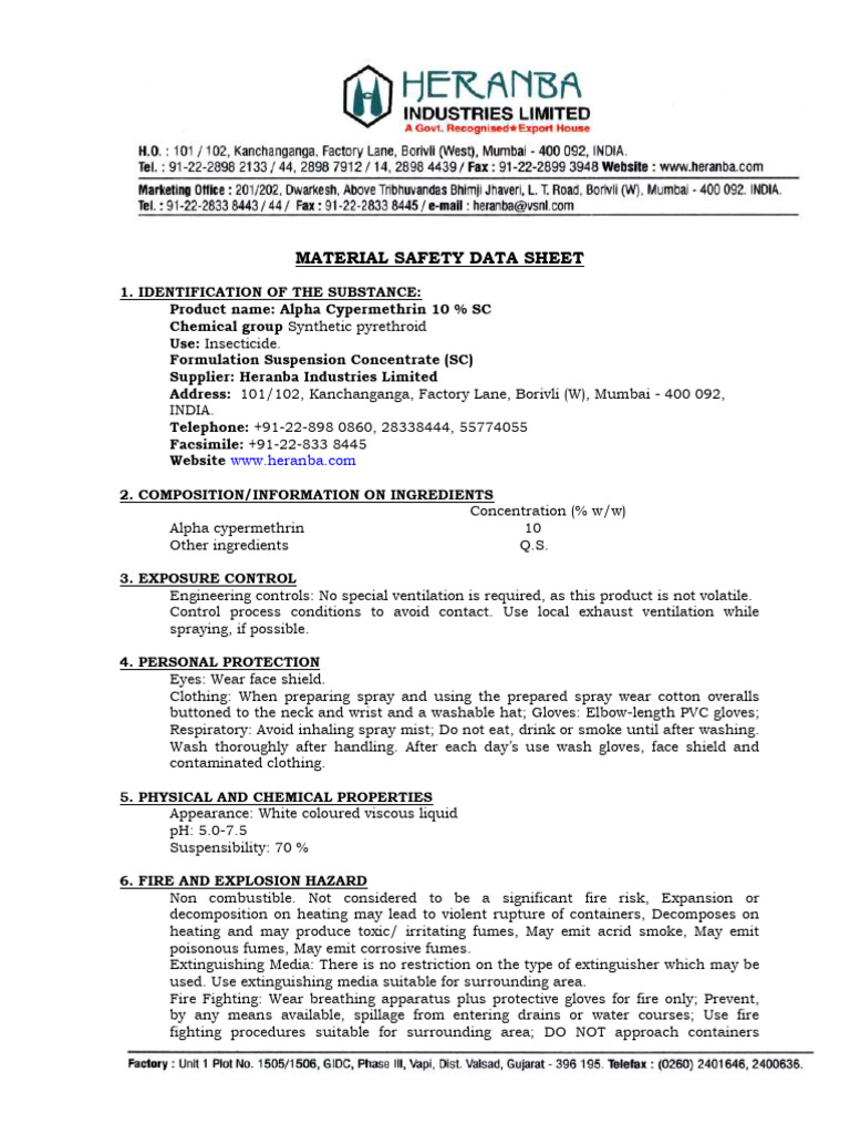 MSDS Heranba ALPHA 10% SC With Validity UPTO 2025 | PDF | Waste ...