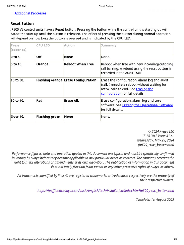 Avaya IPO Reset Button | PDF