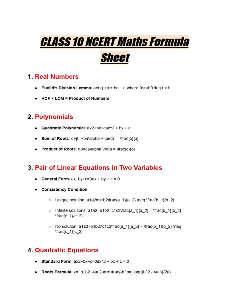 Class 10 NCERT Maths Formulas Guide | PDF | Mathematics
