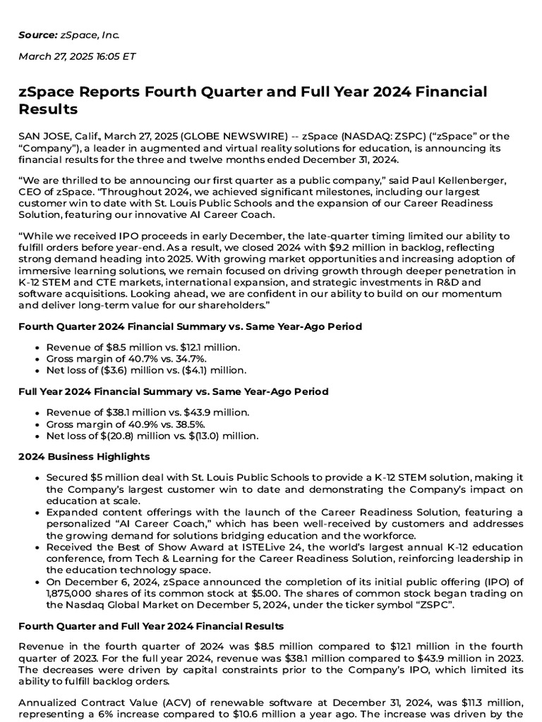 Zspace Reports Fourth Quarter and Full Year 2024 | PDF | Expense | Business