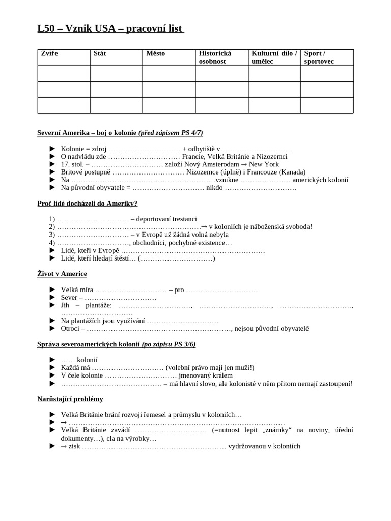L50.vznik Usa Pracovni List | PDF