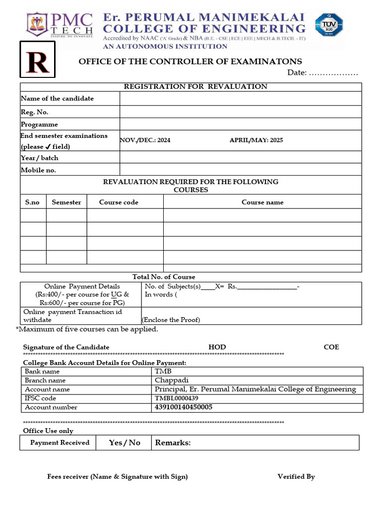 Revaluation Registration Form | PDF