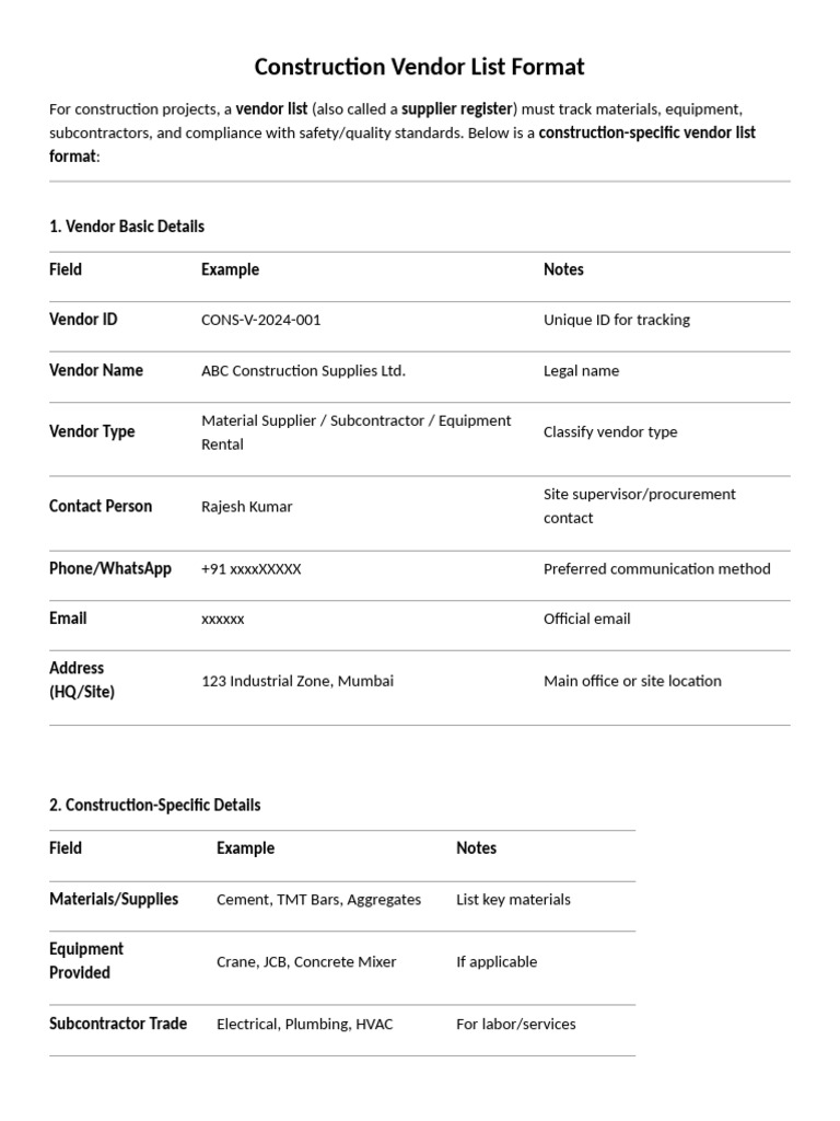 Construction Vendor List Format | PDF