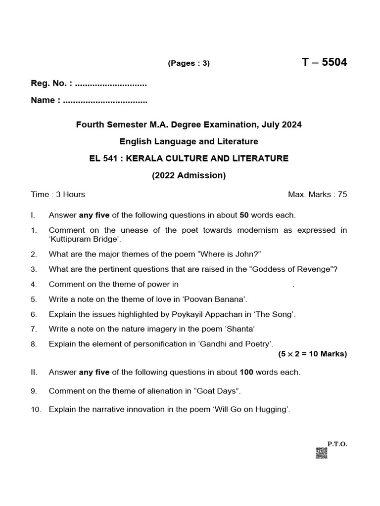 Kerala Culture and Literature EL 541 T-5504 | PDF | Poetry