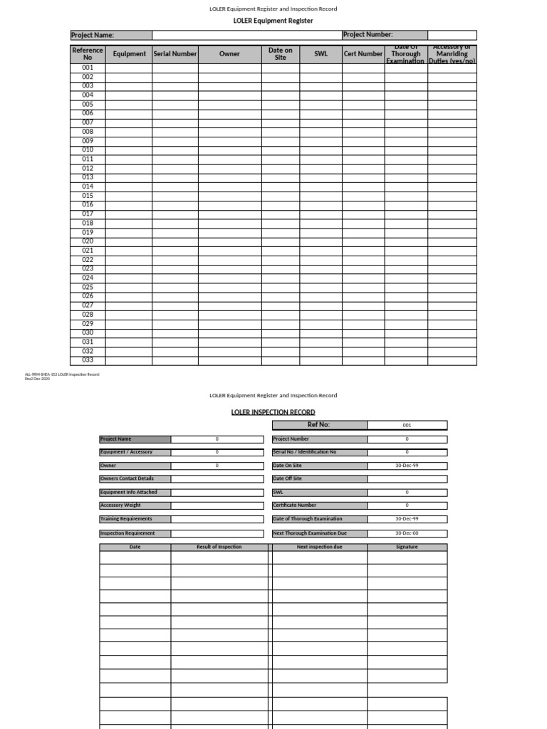 LOLER Weekly Inspection Record (ALL-FRM-SHEA-152) | PDF | Safety ...