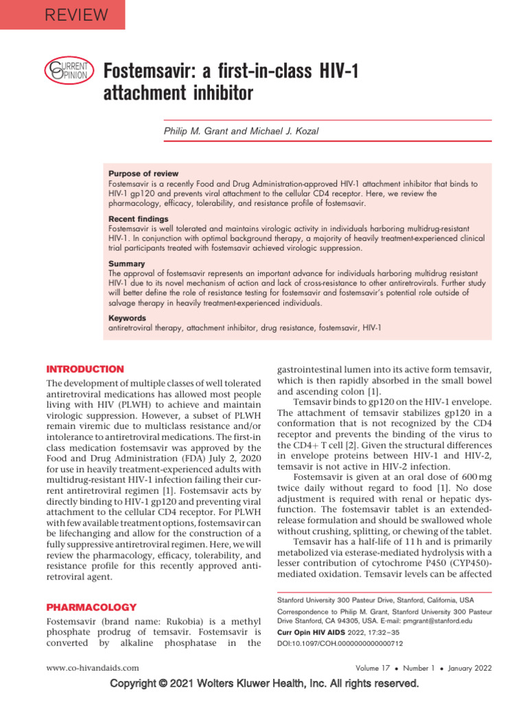 Fostemsavir A First in Class HIV 1 Attachment.6 | PDF | Management Of Hiv/Aids | Hiv