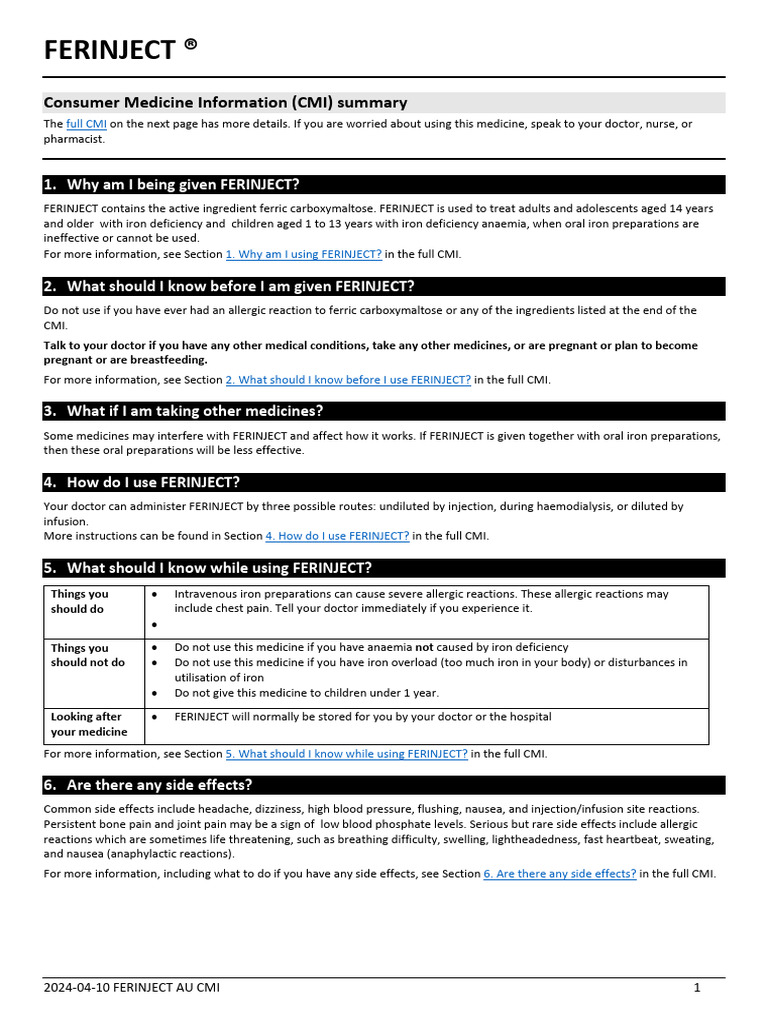 Ferinject ®: Consumer Medicine Information (CMI) Summary | PDF ...