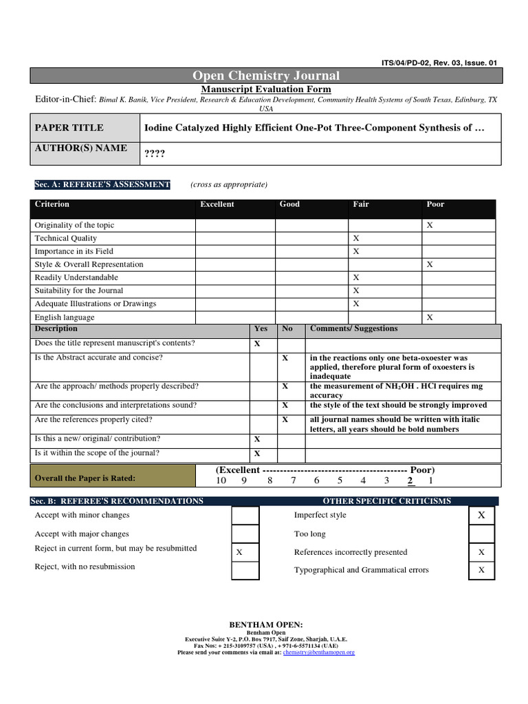Iodine-Catalyzed Synthesis Evaluation Form | PDF
