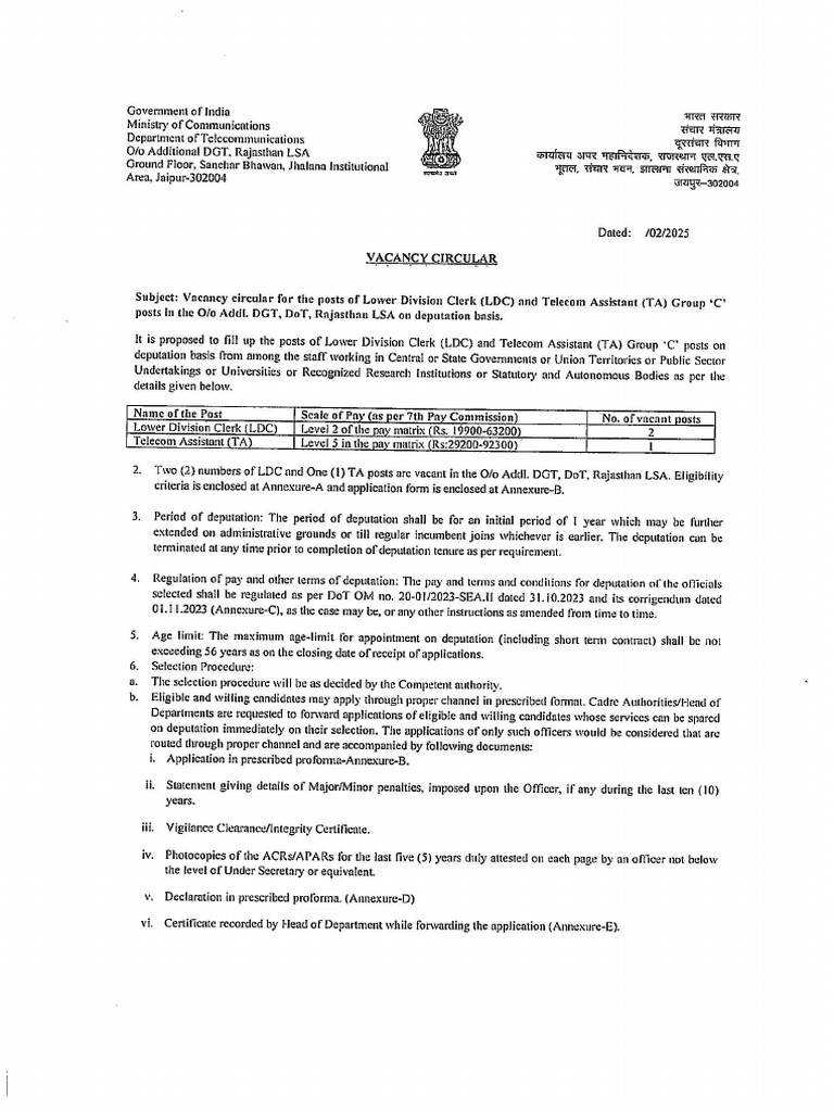 RJ LSA Vacancy Circular GR C On Deputation Basis | PDF