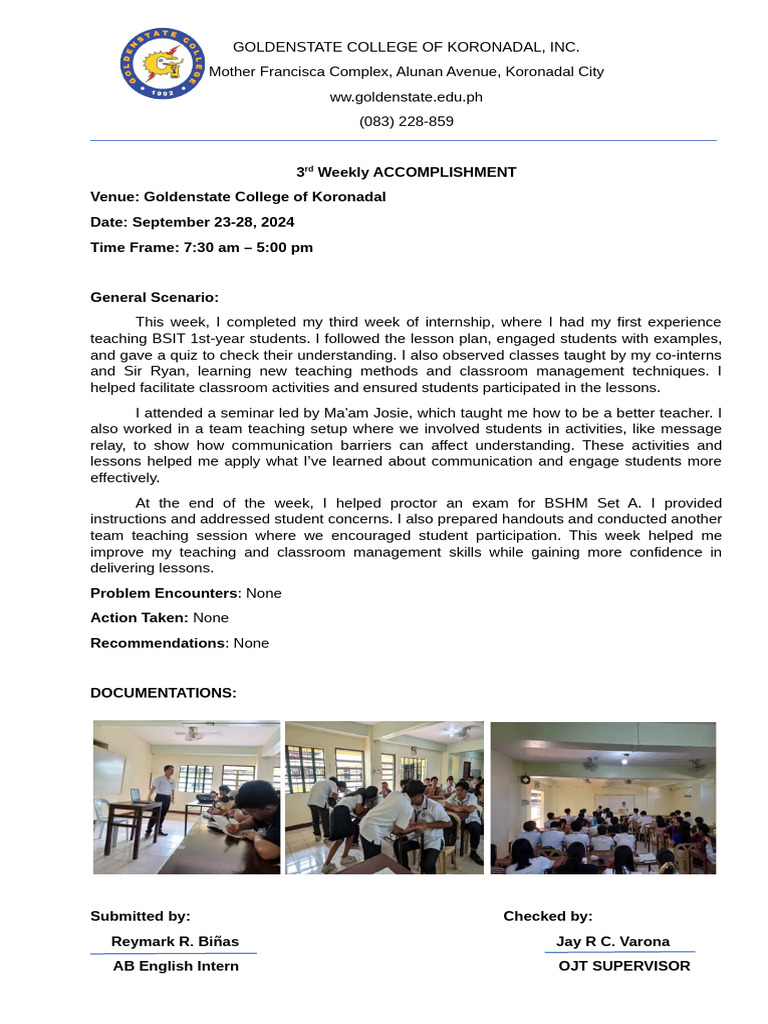 Weekly Internship Report: Teaching Experience | PDF